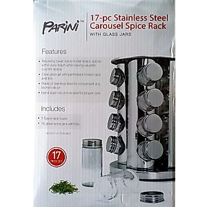 17 Pc Stainless Steel Carousel Spice Rack with Glass Jars