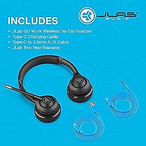 JLab Go Work Wireless Headsets with Microphone - 45+ Playtime PC Bluetooth Headset and Multipoint Connect to Laptop Computer and Mobile - Wired or Wireless Headphones with Microphone