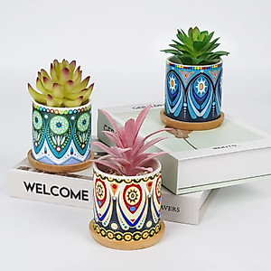 Hamore 5" Artificial Succulents in Bohemian Ceramic Pots, Set of 3 Ceramic pots & Bamboo Trays with Succulents Plants Artificial, Fake Plants for Desk Office Bathroom Bedroom Living Room