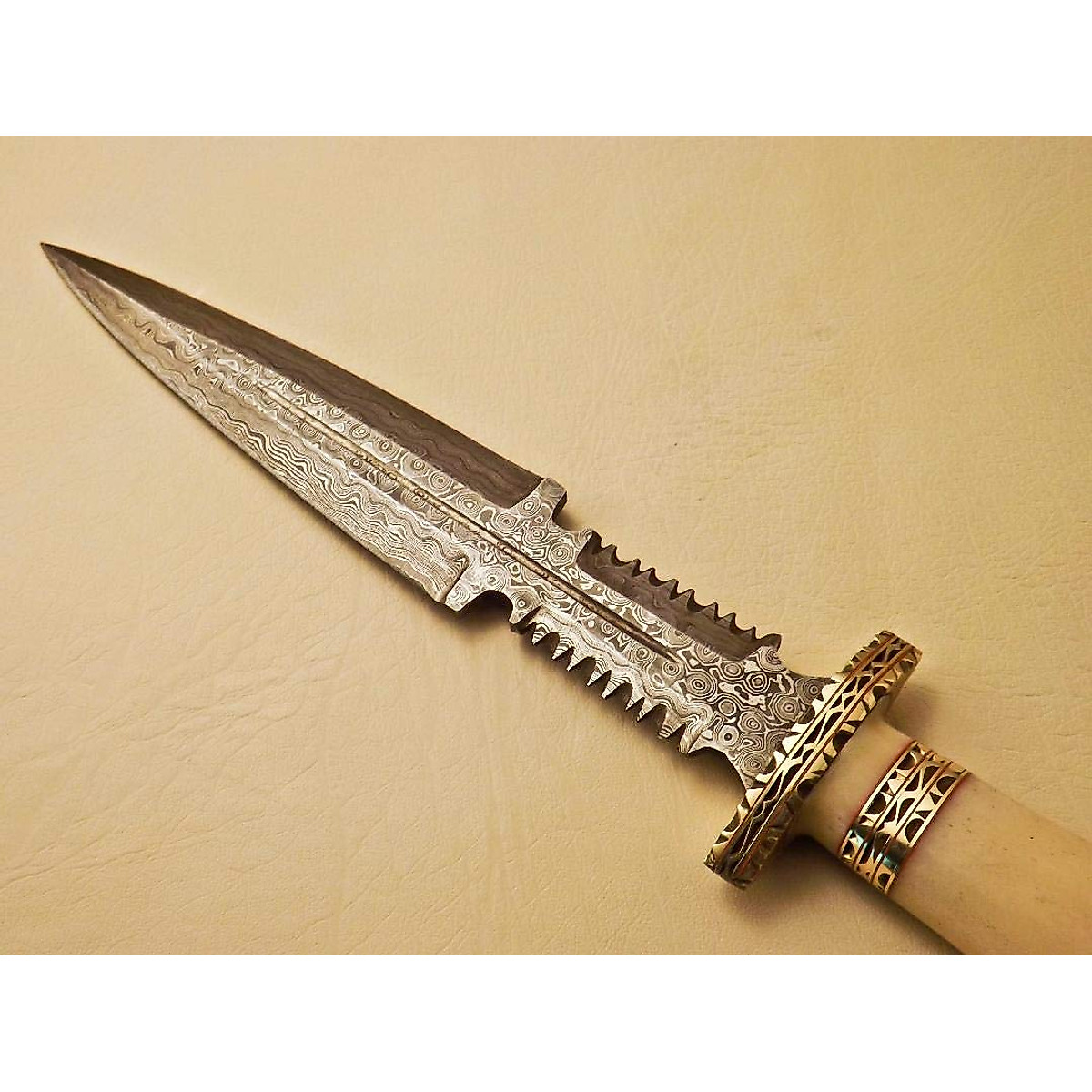 Skokie Knives Handmade Damascus Steel Dagger Knife - :Original Camel Bone Handle - with Brass Spacer and Red Fiber Sheet