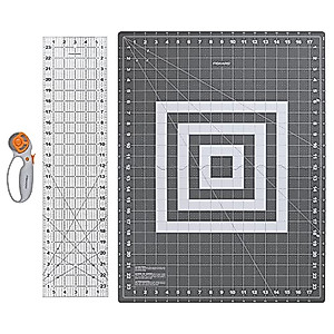 Fiskars 3 Piece Rotary Cutter Set, 45 mm Blade Rotary Fabric Cutter, Fabric Cutting Mat, Ruler for Sewing, Crafts, White/Grey