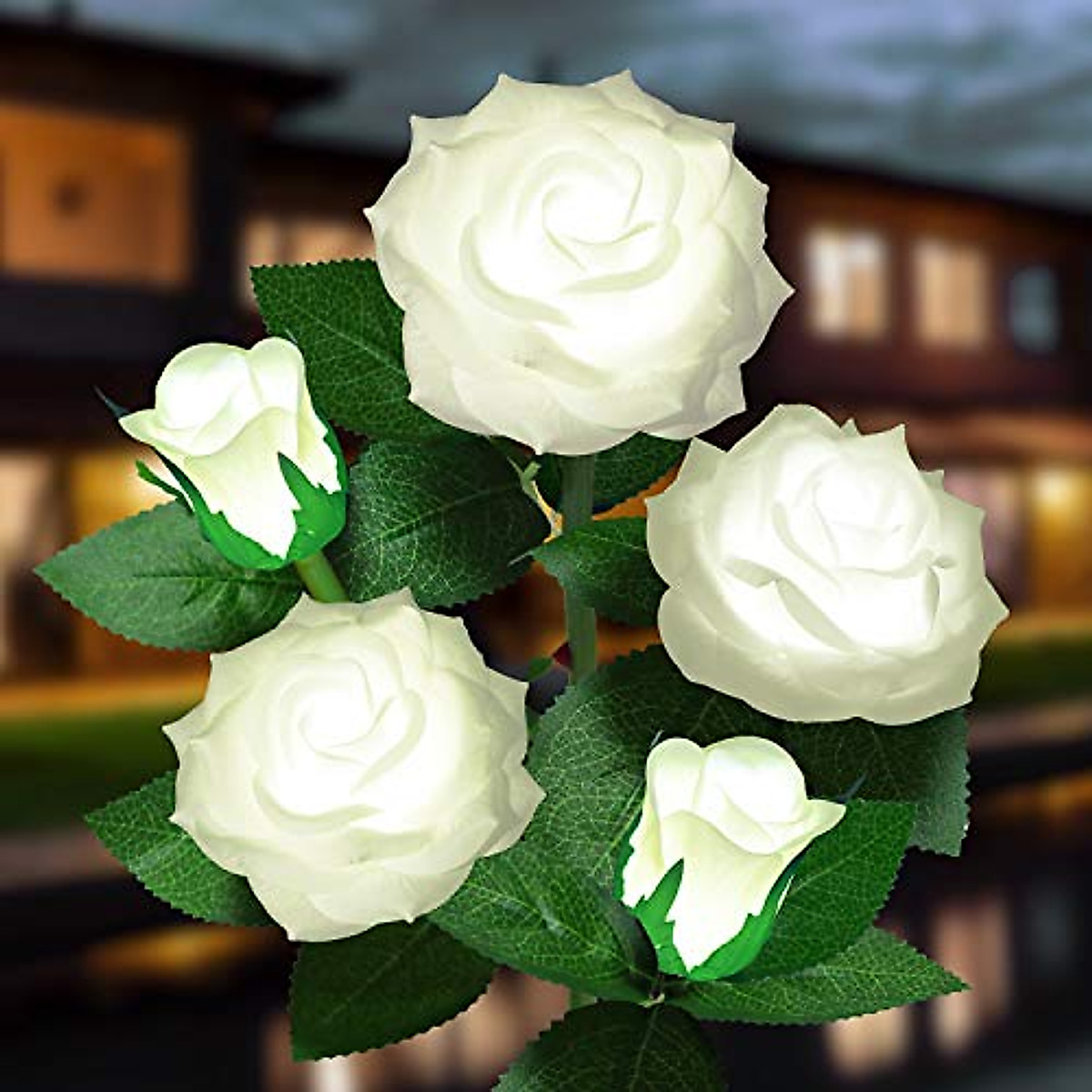 YWYWLED Solar Flower Lights Outdoor - Upgraded New Material Two Modes Realistic LED Solar Powered Waterproof Lights with 5 Roses, Solar Decorative Stake Lights for Garden (White, 1 Pack)
