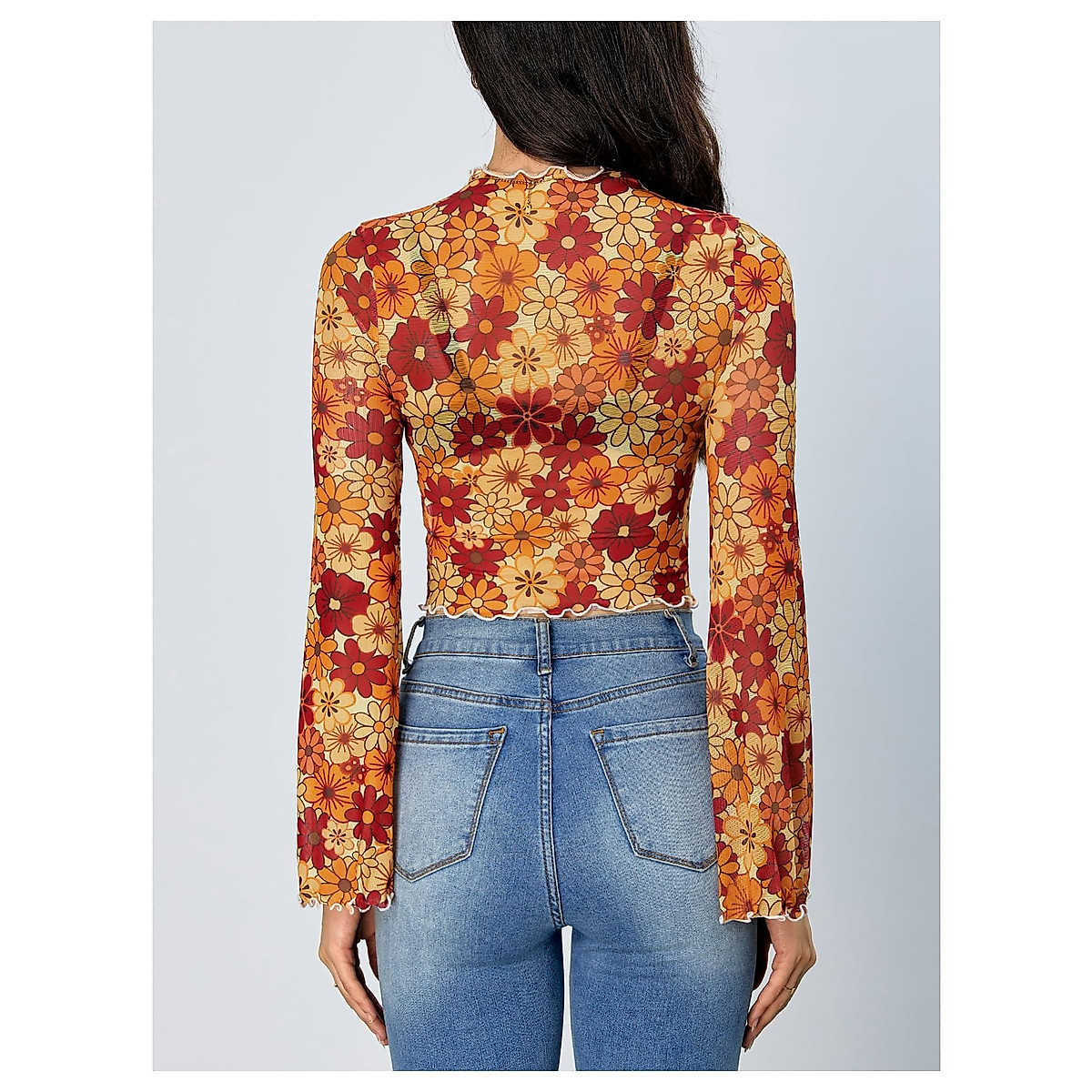 Verdusa Women's Bell Sleeve Lettuce Trim Mock Neck Floral Mesh Top Crop T Shirt Orange L