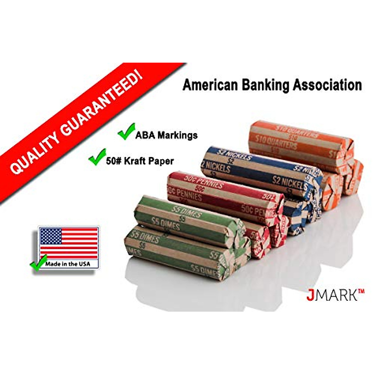 J Mark 400 Neatly-Packed Flat Coin Roll Wrappers Assorted, Made in USA, (Quarters, Dimes, Nickels, Pennies), ABA Striped Kraft Paper Coin Rolls Wrappers, Includes J Mark Deposit Slip