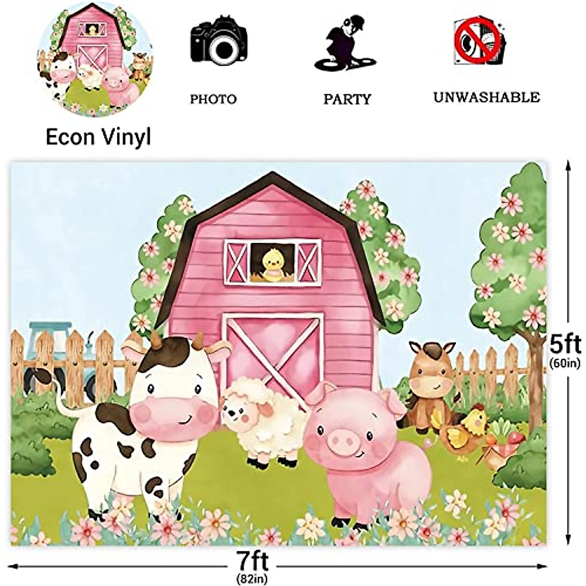 7x5ft Cartoon Farm Animals Party Backdrop Pink Barn Girl Baby Shower Birthday Photography Background Farmland Animals Cows Pigs Barnyard Backdrop Banner Cake Table Decoration Photo Booth Props