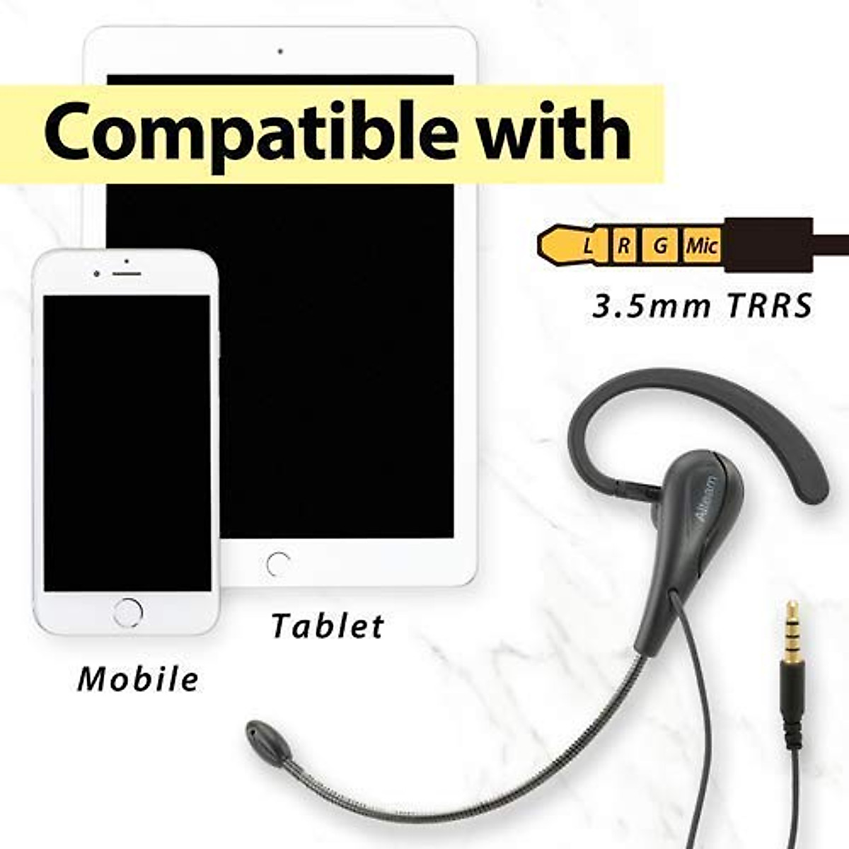 ALTEAM Wired Mono Single Headset One Hook Design Earphone Earbud with Bendable Boom Arm Mic, Adjustable Ear Angle and Earhook Length, 15mm Driver, 3.5mm TRRS Plug for Smart Mobile Cellphone Tablet PC