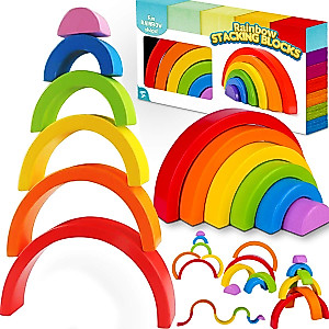 Goody King Wooden Toy Rainbow Stacking Toy - 6 Pcs Montessori Toys for 1 Year Old Educational Toy Preschool Activity Learning Creative Stacking Color Sorting Early Learning Early Development Gift