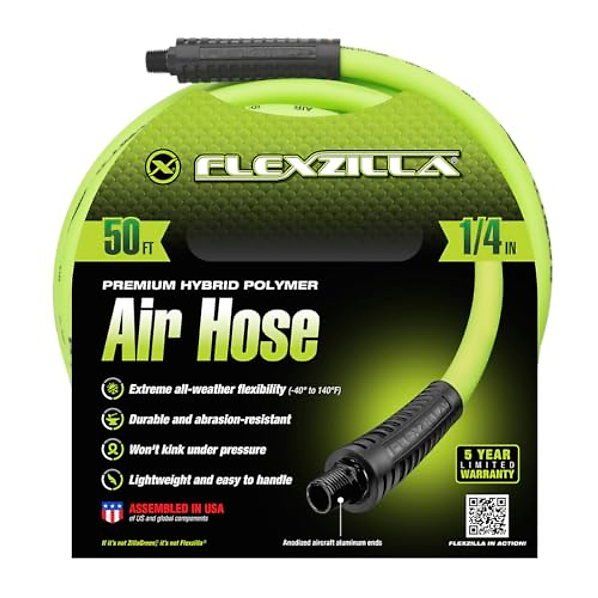 Flexzilla Air Hose 1/4 in x 50', 1/4 in. MNPT Fittings, Heavy Duty, Lightweight, Hybrid, ZillaGreen - HFZ1450YW2