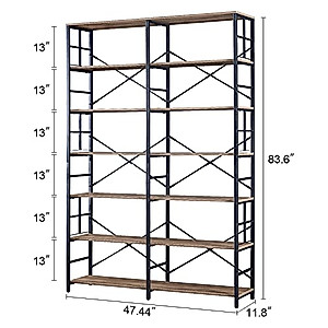 HOMISSUE Double Wide 7-Tier Bookshelf,Industrial Bookcases with Metal Frame,Open Large Storage Bookshelves,Wood and Metal Tall Display Shelves for Living Room Office,Rustic Brown