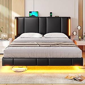 MSmask Queen Platform Bed Frame, Floating Bed with LED Lights, Faux Leather Upholstered Headboard, 2 USB Ports, Under-Bed Storage, No Box Spring Needed, Black