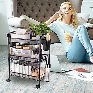 MEHUKOJ 3 Tier All-Metal Rolling Utility Cart with Locking Wheels,Easy-Carry and Assembly Mesh Trolley Cart with 2 Small Baskets and 4 Hooks for Bathroom Kitchen Office Balcony,Slide-Out Narrow Shelf