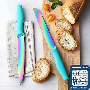 KYA27 Kitchen Knives Set with Wooden Block+ KYA52 Rainbow Kitchen Utensils Set+ KYA55 Rainbow Titanium Long Handle Spoons PACK of 8