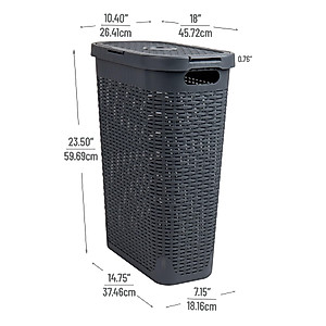 Mind Reader 40L Slim Laundry Hamper, Clothes Basket, Lid, Wicker Design, Plastic, 18"L x 10.4"W x 23.5"H, Gray