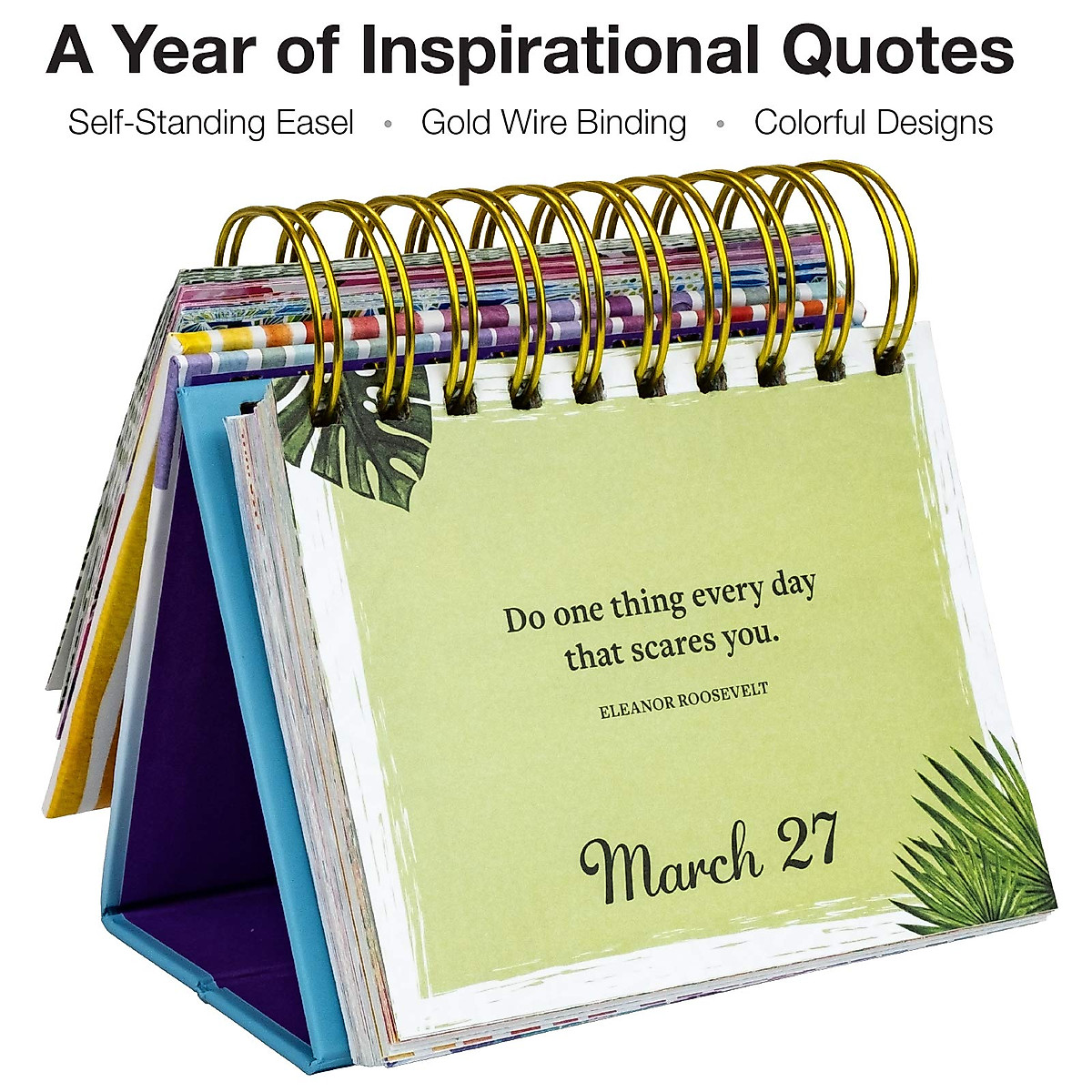 Motivational & Inspirational Perpetual Daily Flip Calendar Self-Standing Easel (Rainbow Stripe)