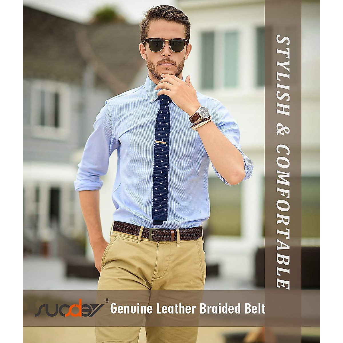 SUOSDEY Mens Braided Leather Belt Cowhide Woven Leather Belt for Casual Jeans Pants with Solid Prong Buckle,tan