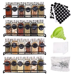 PNHYTUGY Spice Rack Wall Mount, 4 Pack Hanging Spice Rack with 24 Spice Jars, 180 Spice Labels, Whiteboard Marker & Funnel, Screw or Adhesive Spice Rack Organizer for Cabinet.Wall.Metal
