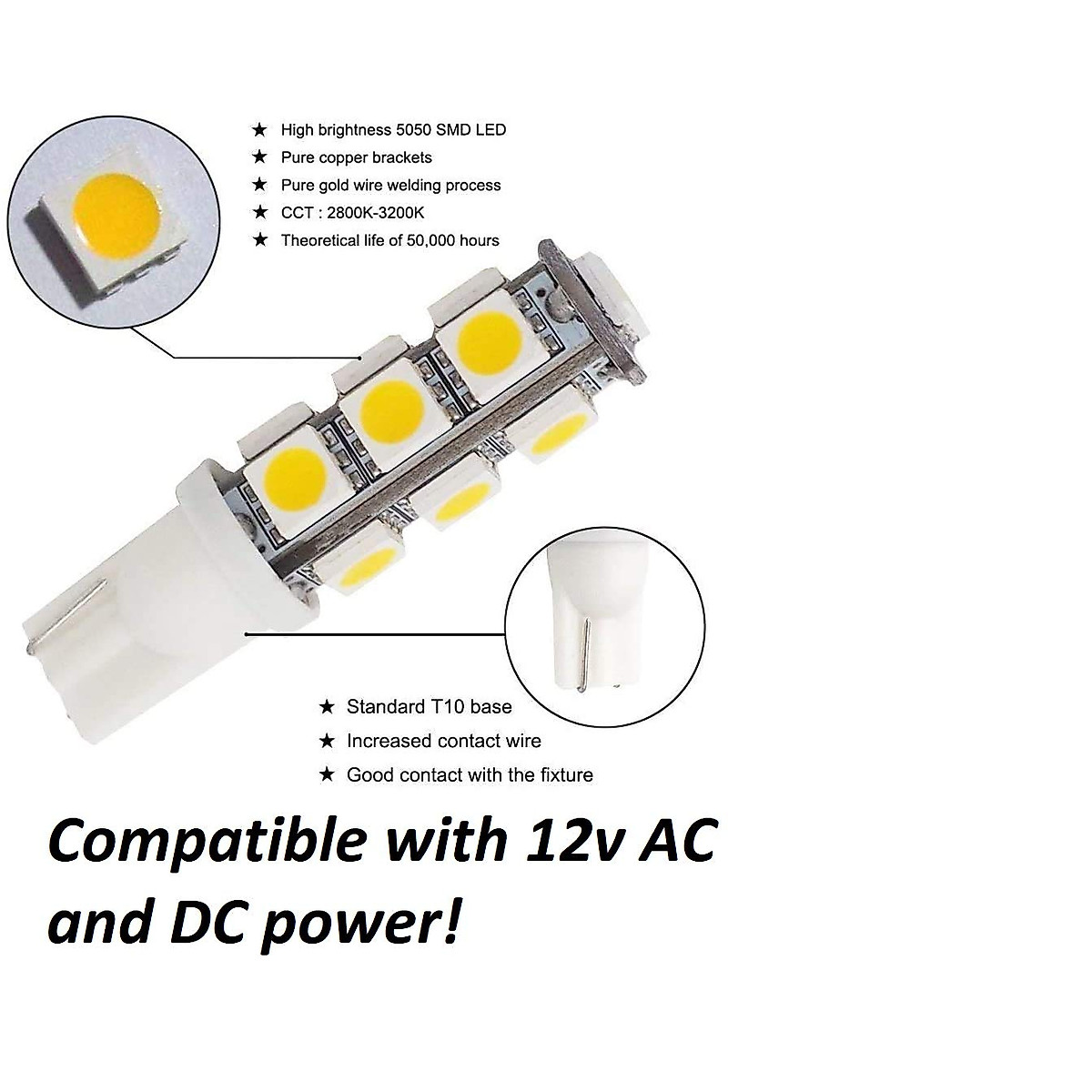 10 Pack LED Bulbs T10 Landscape Light Low Voltage 12v AC/DC Warm White Flicker-Free, Non-Polarity,