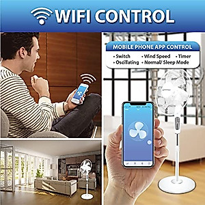 Technical Pro Smart Oscillating Pedestal Fan, 3 Speed Portable 16” WIFI Enabled Standing Fan w Adjustable Height, 270 Degree Oscillation, Tilting, Timer & Sleep mode compatible w/Alexa/Google (White)