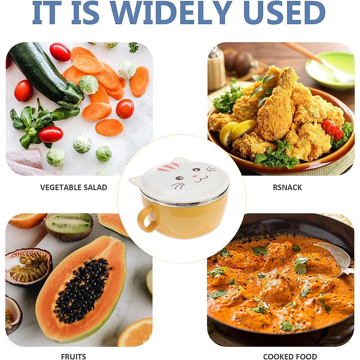 Hemoton Stainless Steel Noodle Bowl with Lid Cartoon Cat Bowl Instant Noodle Bowl Insulated Ramen Bowl Pasta Bowl Kitchen Tableware Yellow