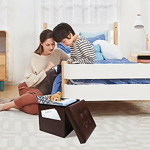 xuperbonus15 Inches Folding Storage Square Ottoman with Side Pocket Brown Leather Cube Foot Rest Stool Seat for Dorm Living Room Bedroom
