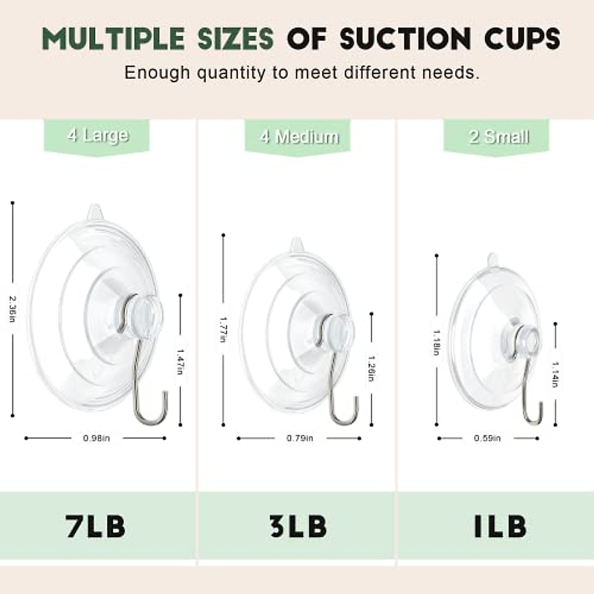 MUSICATE Suction Cup Hooks, 10 Pcs Clear Suction Cups with Metal Hooks Combo Set Removable Suction Cup Hook Reusable Suction Hangers for Bathroom Kitchen Window Glass Door - 4 Large 4 Medium 2 Small