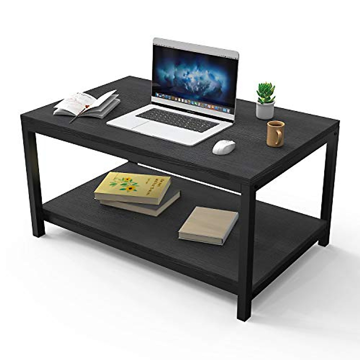 YSSOA Black 2-Tier Coffee Table with Shelf for Living Room and Office, 19.75D x 31.5W x 16.75H in
