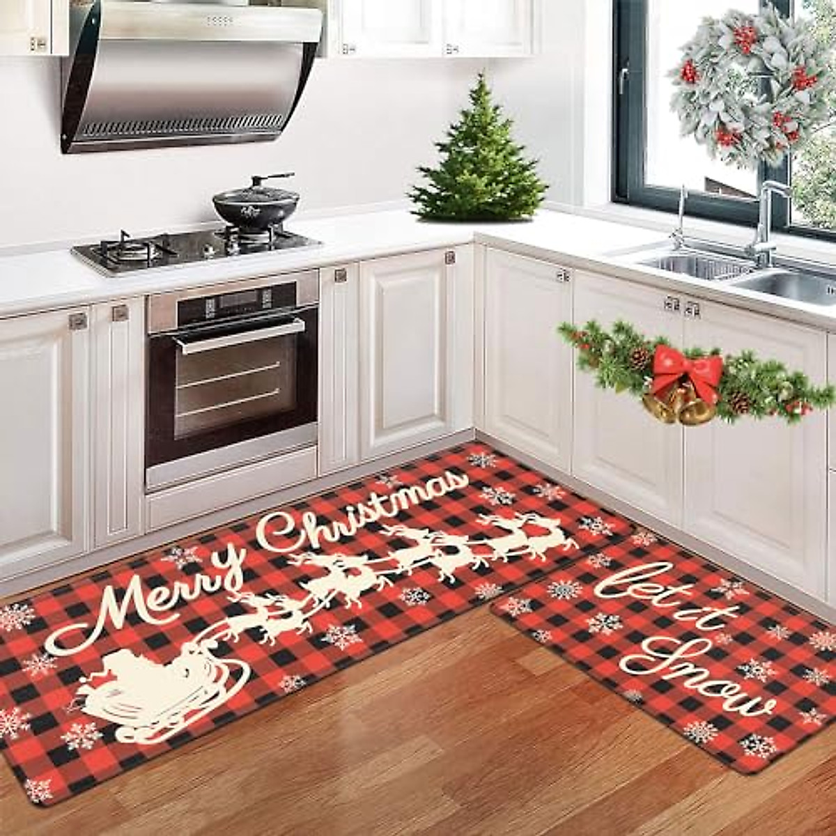 Ileading Buffalo Plaid Merry Christmas Kitchen Mats Set of 2 Let It Snow Anti Fatigue Kitchen Mats for Floor Snowflake Winter Holiday Area Rug Cushioned Standing Desk Mat for Home Kitchen Floor