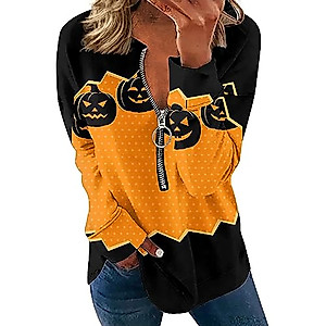 Fall Quarter Zip Collar Sweatshirts for Women Lapel Long Sleeve Blouses Sweatshirts Oversized Comfy Pullover Loose Fitting Graphic Blouse Zipper Quarter Zip Tops Printed V-Neck Tunic Top