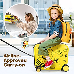 Goplus 2 PCS Kid Luggage, 18” Ride on Suitcase W/Spinner Wheels, 12” Backpack W/Anti-Lost Rope, Carry Strap, Sit on Rolling Carry on Luggage Set for Girls Boys Travel (Yellow Bee)