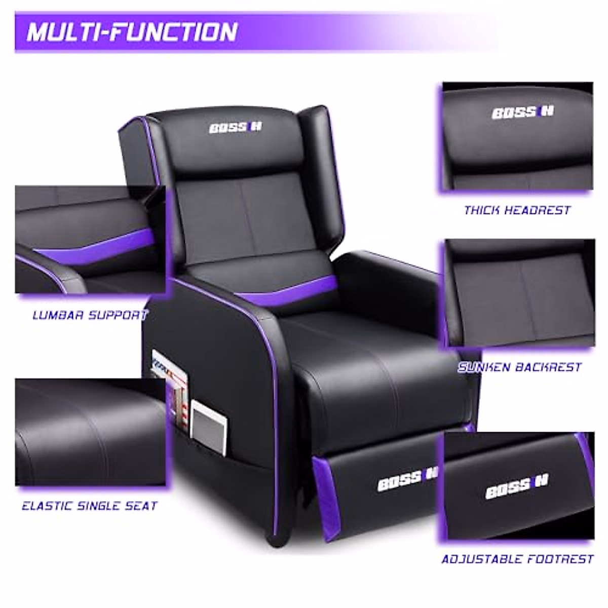 BOSSIN Gaming Recliner Chair for Adults 400lbs Racing Style Sofa Big and Tall PU Leather Recliner Seating Modern Ergonomic Lounge Recliner Chair Comfortable Home Movie Theater for Living Room(Purple)