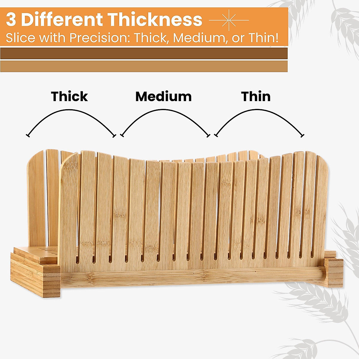 Deen Dynamics Premium Bamboo Bread Slicer for Homemade Bread, Bread Slicer with 3 Slice Thickness, Foldable bread slicer with Stainless steel knife and Compact Chopping Cutting Guide with Crumb Tray