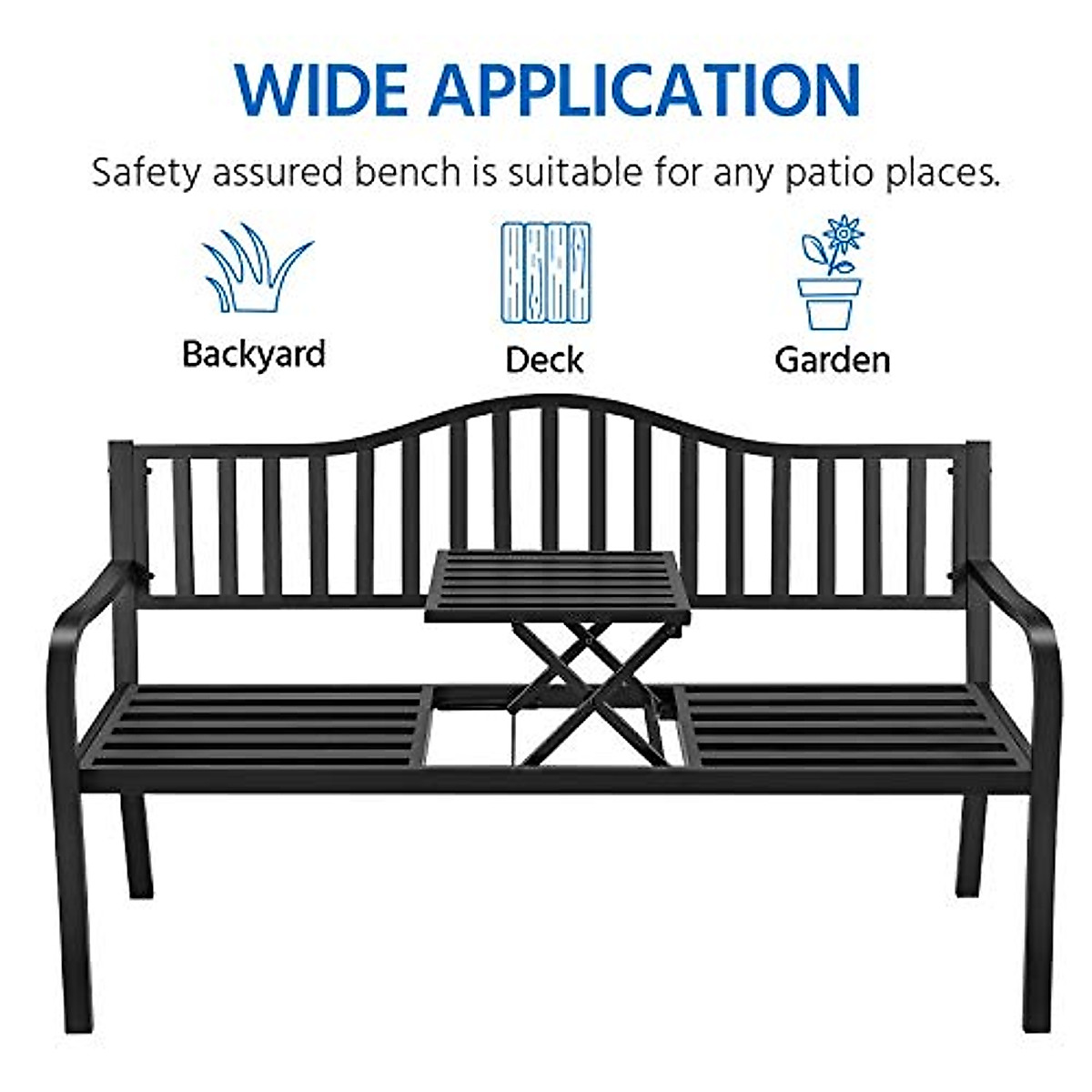 Yaheetech Outdoor Garden Bench w/Pullout Middle Table, Metal Patio Bench, Front Porch Bench for Backyard, Weather-Resistant Frame, Patio Seating for 2-3 Person, Black