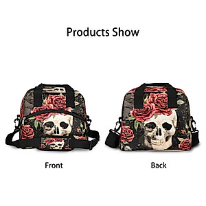 Gothic Sugar Skull Red Rose Lunch Bag Adjustable Shoulder Strap Cooler Bag Reusable Zipper Insulated Lunch Tote Bag for Work Picnic Camping School