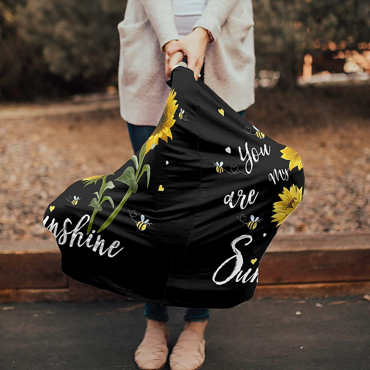 Baby Car Seat Covers Sunflowers, Nursing Cover Breastfeeding Scarf/Shawl, Infant Carseat Canopy, Stretchy Soft Breathable Multi-use Cover Ups, You are My Sunshine Black