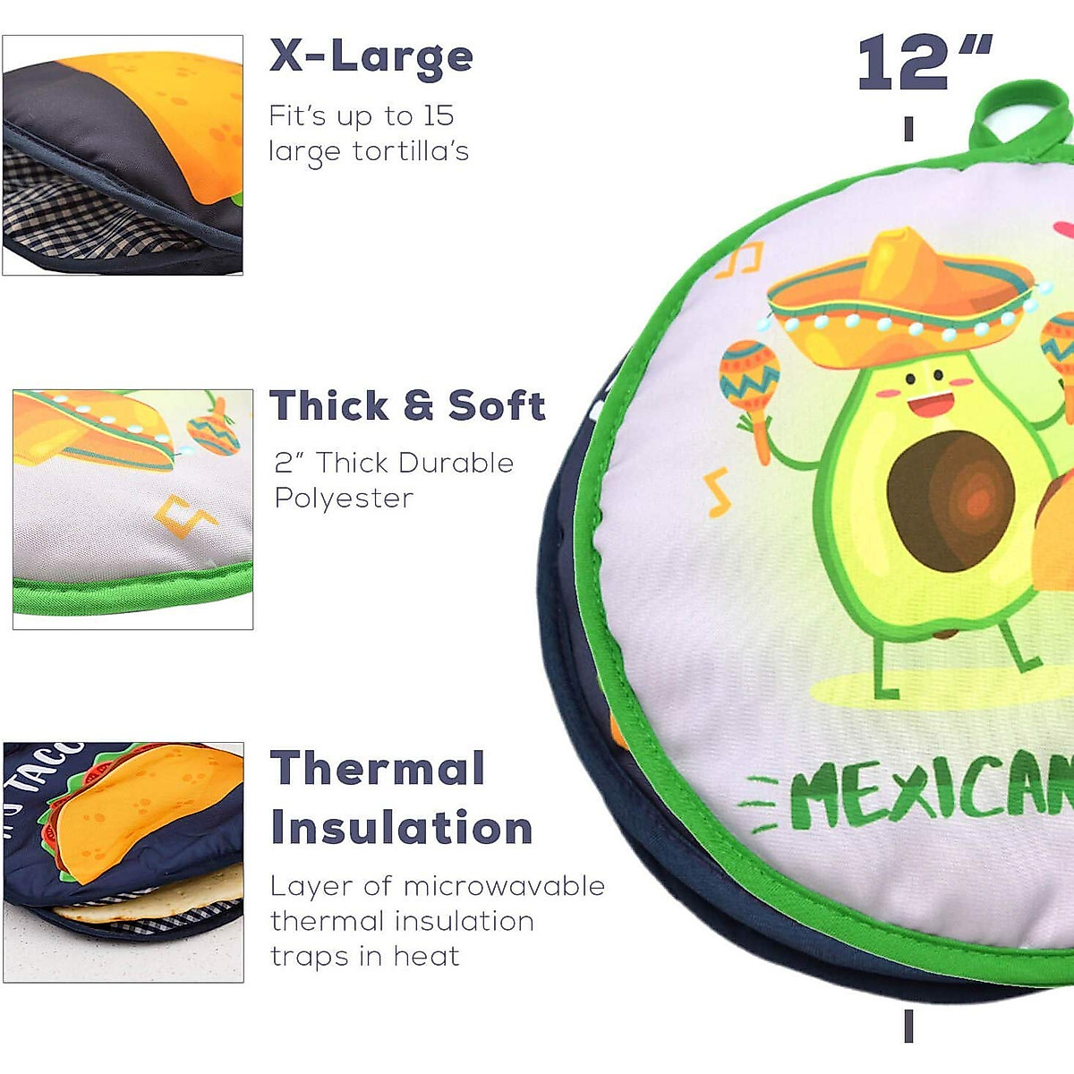 Microwaveable X-Large Tortilla Warmer Pouch 2 Pack - 2 Fun Designs "Taco Time" & "Mexican Food" to make taco night special. 12 Inch in Diameter Microwave Corn or Flour Tortillas, Pizza, Naan Bread