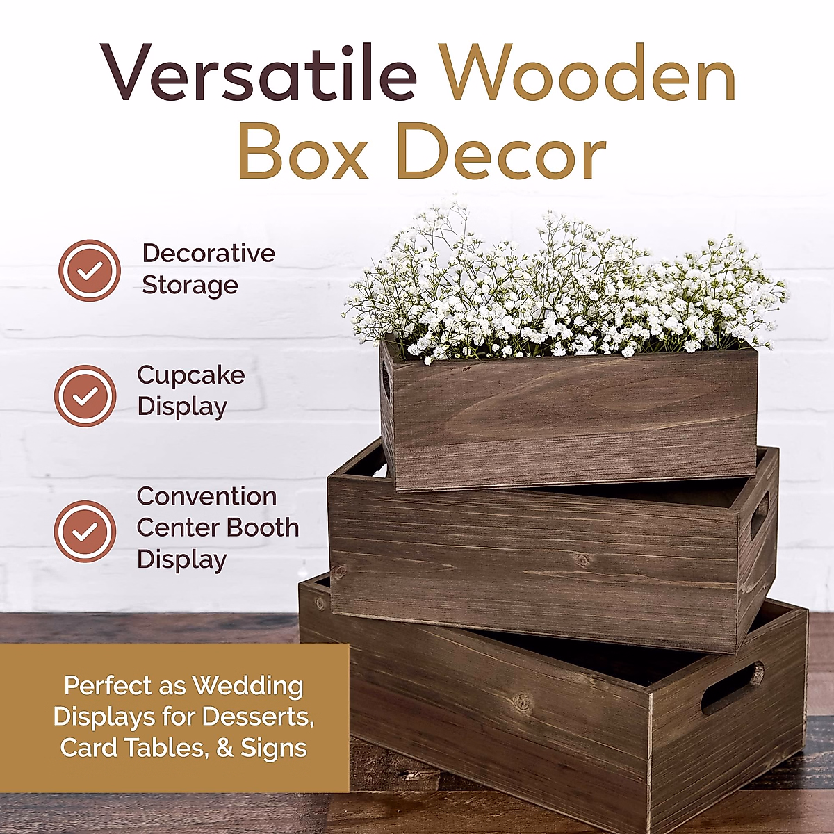 Steezu Nesting Wood Storage Boxes, Burnt Umber Stained Wooden Crate, Use as a Decorative Box, Rustic Decor Piece, Kitchen Storage and More, Wooden Box Set of 3