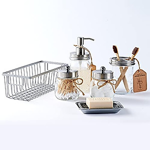 Mason Jar Bathroom Accessories Set- 6PCS - Lotion Soap Dispenser,Toothbrush Holder,2 Apothecary Jars(Qtip Holder), Soap Dish,Storage Organizer Basket - Rustic Farmhouse Decor (Brushed Nickel)