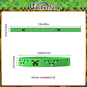 Gatherfun 16 Pack Pixel Miner Kraft Paper Gift Bags with Handle, 16 Pack Miner Crafting Style Silicone Bracelets for Mining Themed Party Video Game Party Birthday Party Decorations for Kids and Adults