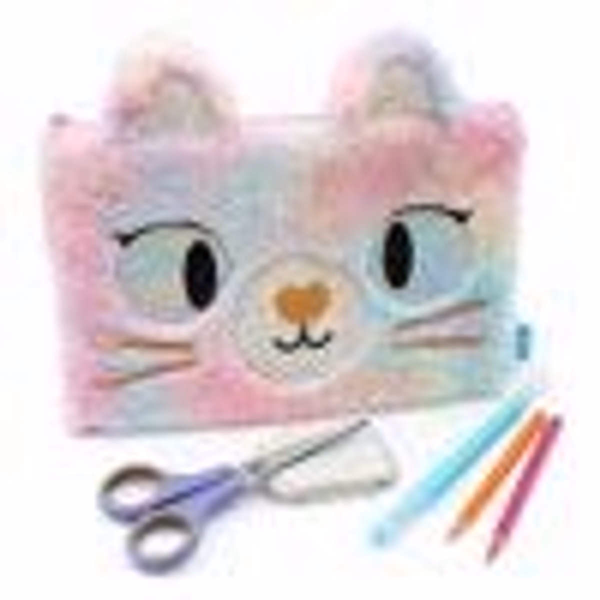 Pen+Gear 3-Ring Soft Plush Kitty Binder Pencil Pouch in Pastel Rainbow with Zip Compartment