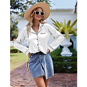 Ekouaer Long Pajama Set Women's Silk Sleep Set Button Up Long Sleeve Nightwear Plus Size Satin Pj Longs Set(02 White,XX-Large)