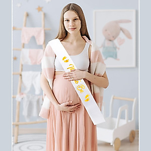 Vukasi 2Packs Baby Shower Sash Decorations Mom to Be Dad to Be Tinplate Badge with Gold Pattern for Girl Boy Gender Baby Welcome Party White（61.4 x 3.47 inch