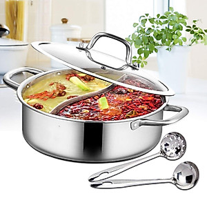 LYNICESHOP 304 Food Grade Stainless Steel Shabu Shabu Hot pot with Divider&Lid for Induction Cooktop Gas Stove Dual Sided Soup Cookware with 2 Soup Ladles
