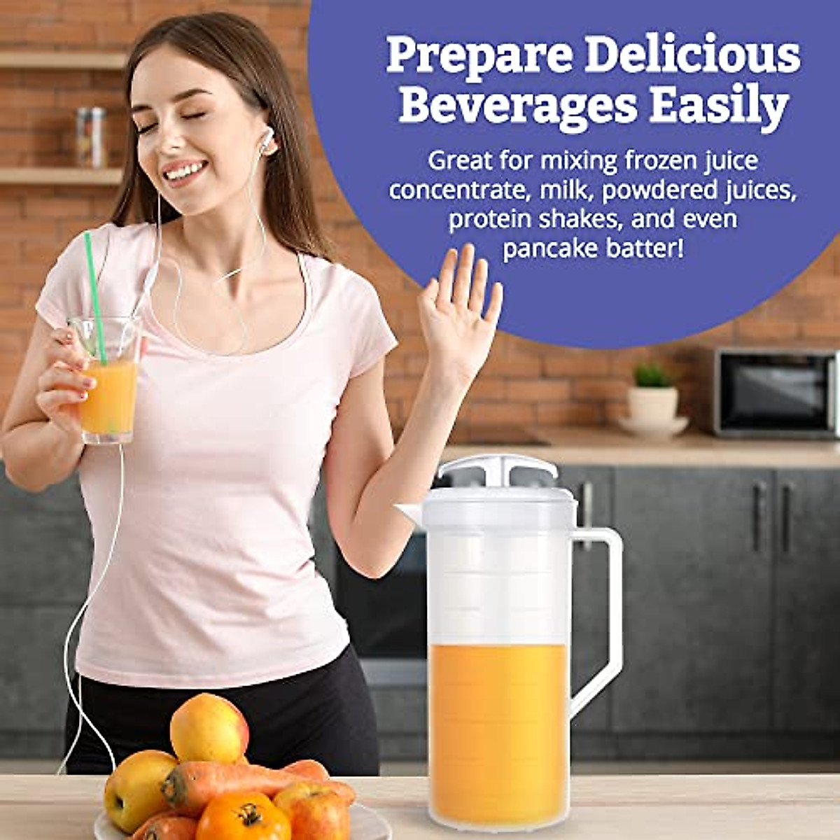 JBK Pottery - Mixing Pitcher for Drinks, Plastic Water Pitcher with Lid and Plunger with Angled Blades, Easy-Mix Juice Container, 2-Quart Capacity (White, One)