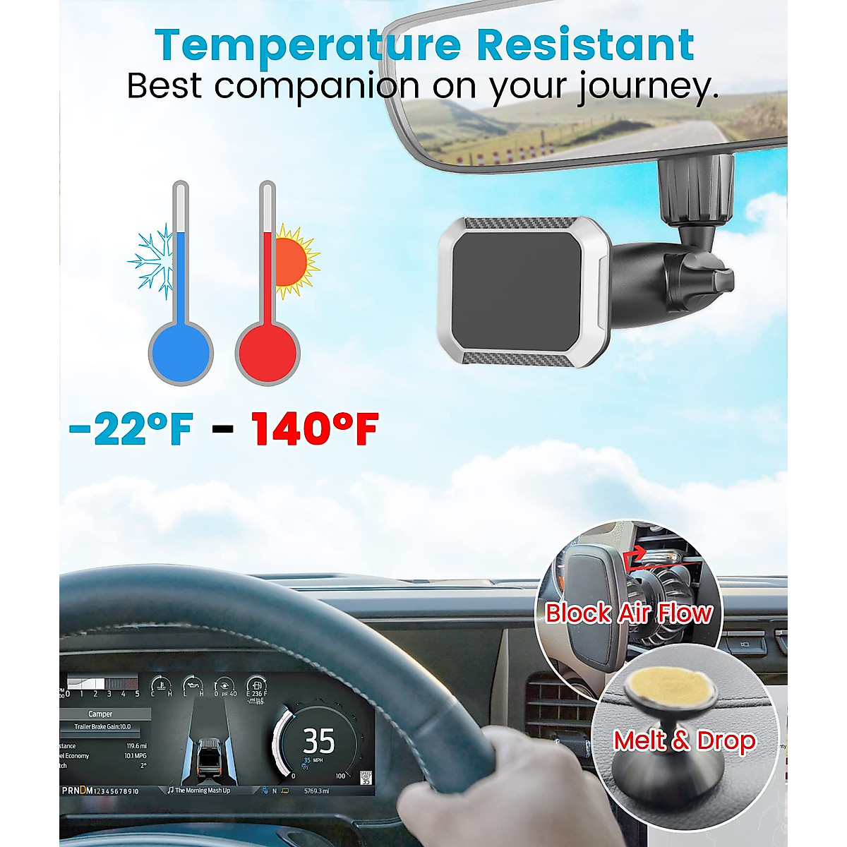 APPS2Car Magnetic Phone Car Mount Rear View Mirror Phone Holder for Car Long Arm Low Profile Strong Magnets Adjustable Angles & Heights for All Cell Phones, iPhone Fits 16-22mm Round Mirror Neck