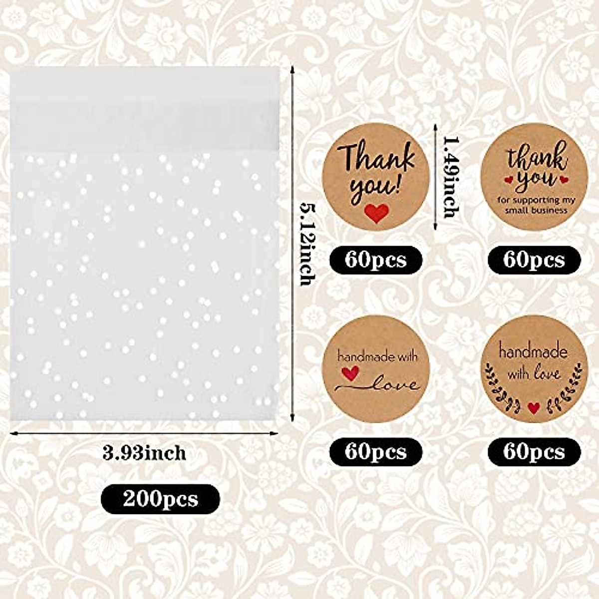 Zonon 200 Pieces Clear Cookie Bags Self Adhesive Cellophane Treat Bags, White Polka Dot Frosted Candy Bags and 240 Pieces Thank You Love Sticker for Cookie Chocolate Jewelry
