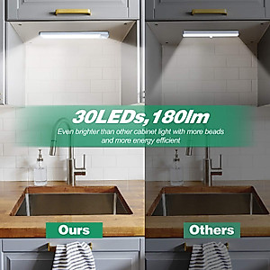 Motion Sensor Under Counter Lights 2 Pack Rechargeable, 30-LED Wireless Cabinet Lighting Magnetic Self-Adhesive, 180lm Ultra Thin Closet Light for Kitchen, Cupboard, Drawer, Stairs, Hallway, White