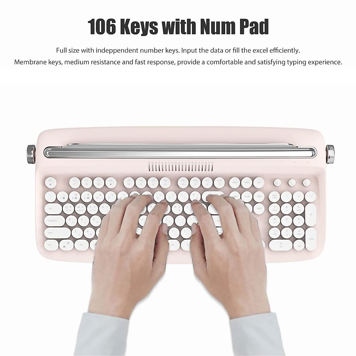 TISHLED Typewriter Keyboard Wireless Bluetooth 5.0 Retro Aesthetic Cute Kawaii Round Keycaps 106-Key with Num Pad Clicky Mechanical Feeling with Pad/Phone Holder for Windows/Mac OS/Android/iOS (Pink)