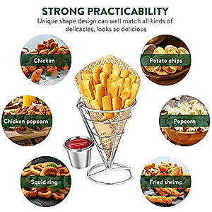 BESTonZON 2PCS French Fry Stand Cone Basket French Fry Chips Cone Metal Wire Basket with Sauce Dippers for Home Parties/Backyard Picnics/Outdoor Events/Appetizers