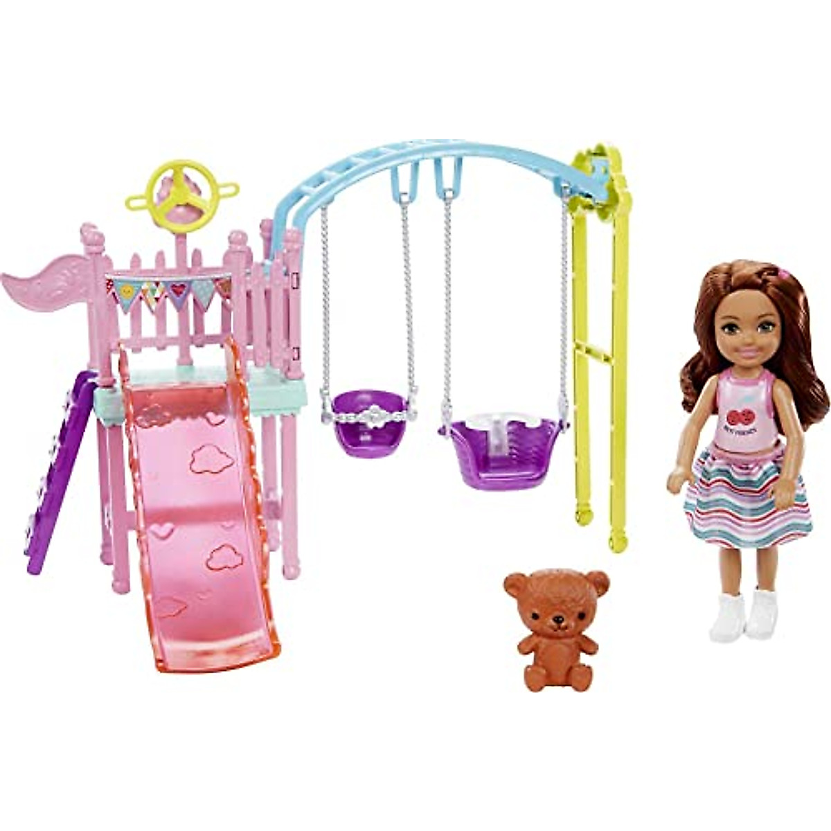 Barbie Club Chelsea Doll and Swing Set Playset with 2 Swings and Slide, Plus Teddy Bear Figure, Gift for 3 to 7 Year Olds