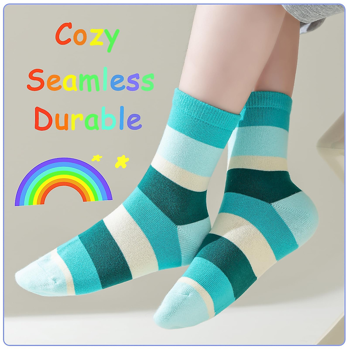 hakugoo Kids Crew Socks Seamless Boys Girls Rainbow Stripes Socks Cotton Athletic Socks 6-8 Years Unisex Cute Fun Socks Boot Socks 5 Pairs (Set B,L)